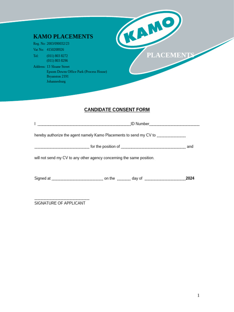 Candidate Consent for Kamo Placements | PDF