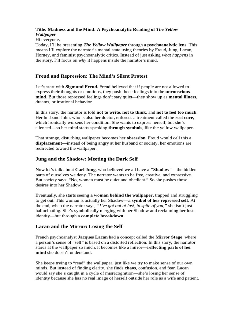 Psychoanalytical Analysis of The Yellow Wallpaper | PDF | The Yellow ...