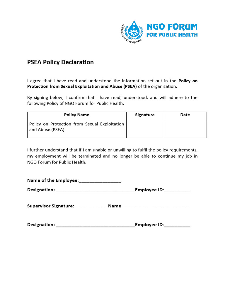 PSEA Policy Acknowledgment Form | PDF