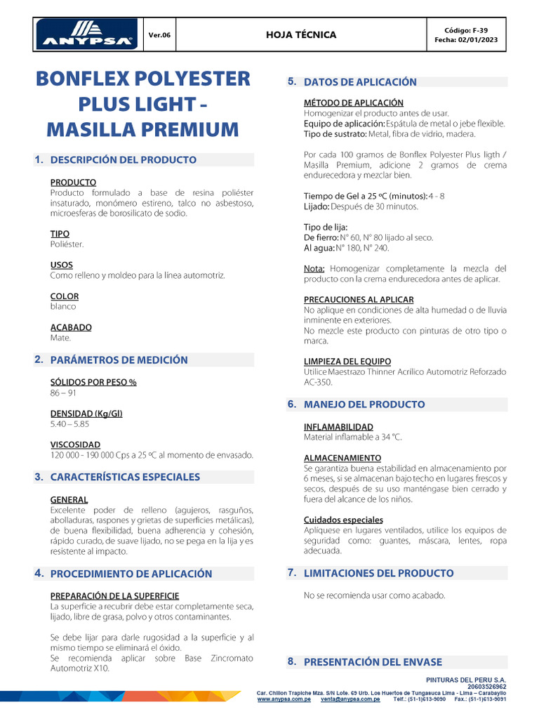 Bonflex Polyester Plus Light - Masilla Premium.. | PDF