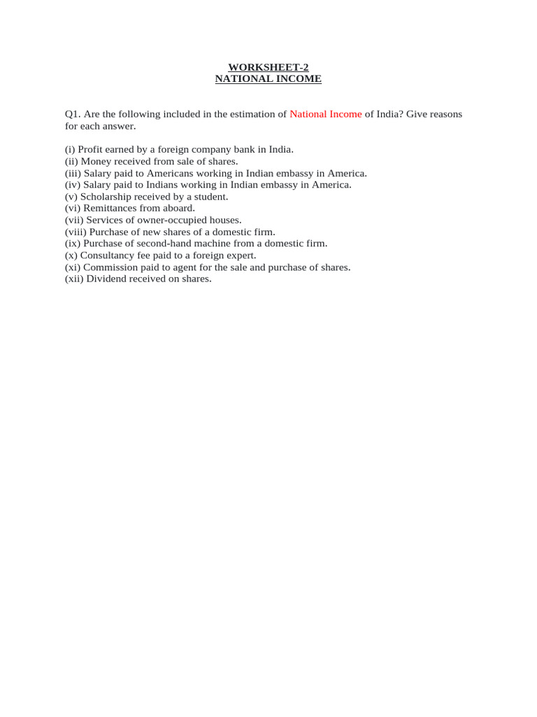 Worksheet 2, National Income Basic | PDF