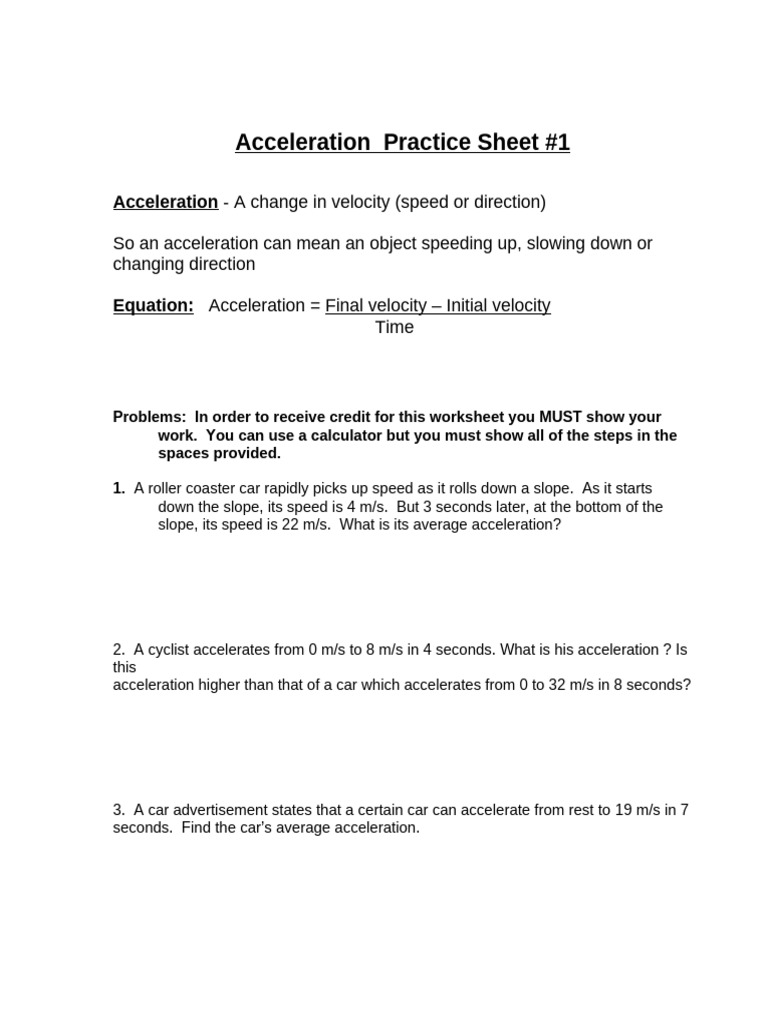 Acceleration Practice Sheet #1 | PDF