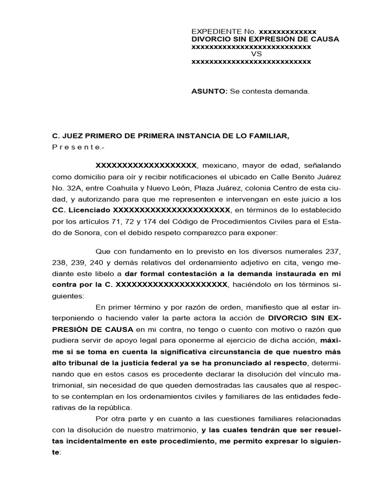Contestación A Demanda De Divorcio Pdf Divorcio Demanda Judicial