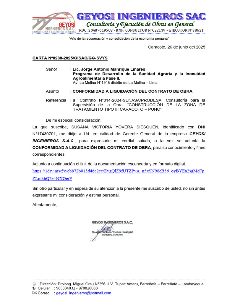 Carta N°0288-2025_Liquidacion Obra_Caracoto_PRODESA | PDF