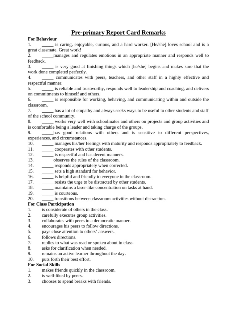 Pre-Primary Report Card Remarks Guide | PDF | Empathy | Learning