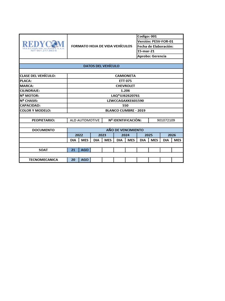 Datos de Vehículo: Chevrolet 2019 | PDF