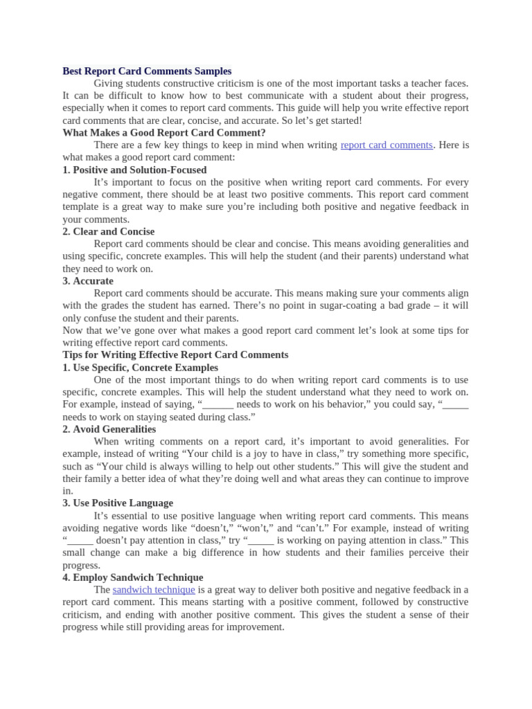 15 Best Report Card Comments Samples | PDF | Human Communication | Learning