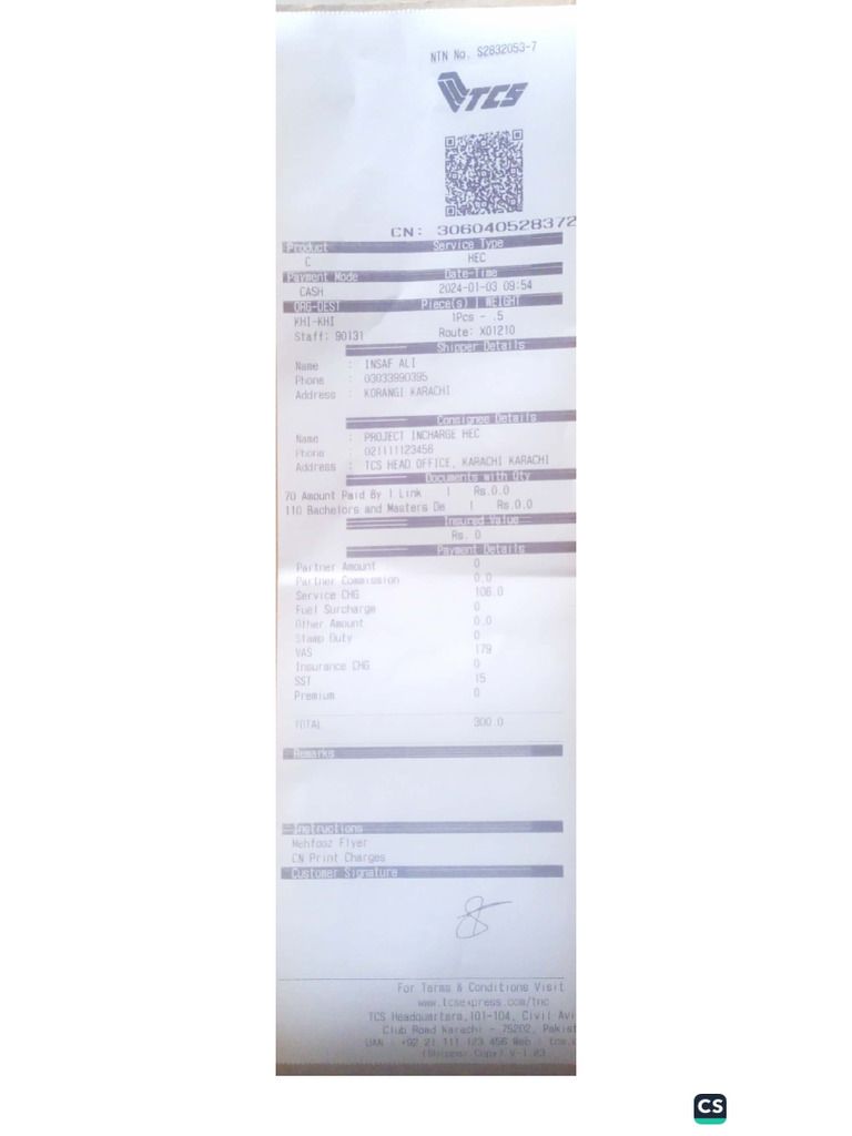 Insaf TCS Slip For HEC Attestation | PDF