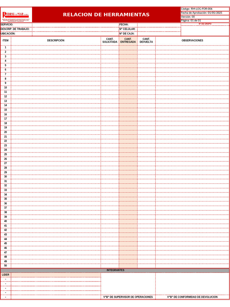 Rm-log-For-006 Formato Relación de Herramientas - 2025 | PDF