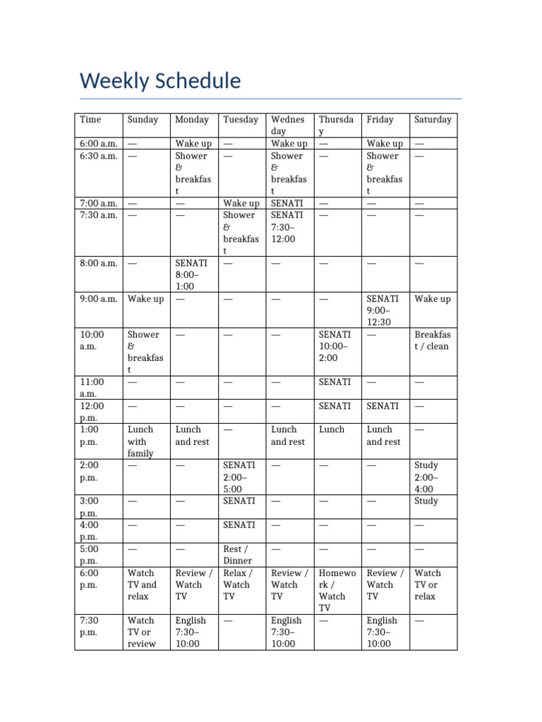 Weekly Schedule With TV and Sleep | PDF