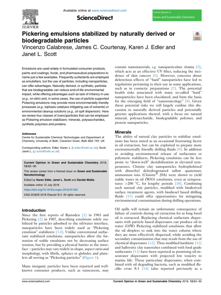 Pickering Emulsions Stabilized by Naturally Derived or | PDF | Emulsion ...