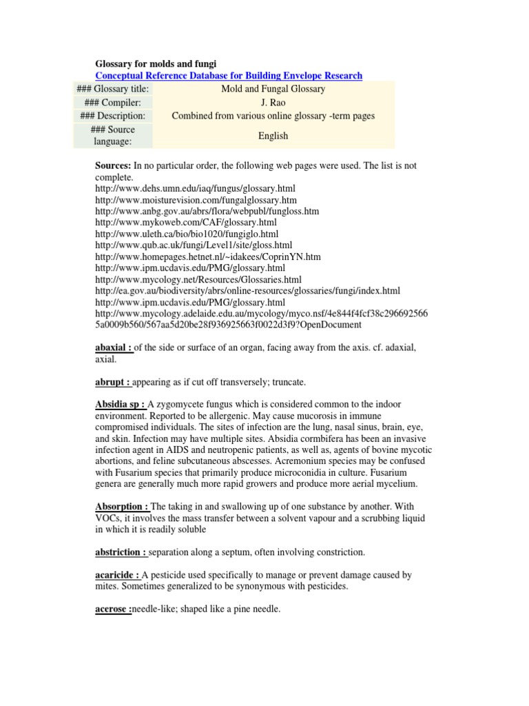 Glossary For Molds and Fungi | PDF | Aspergillus | Fungus