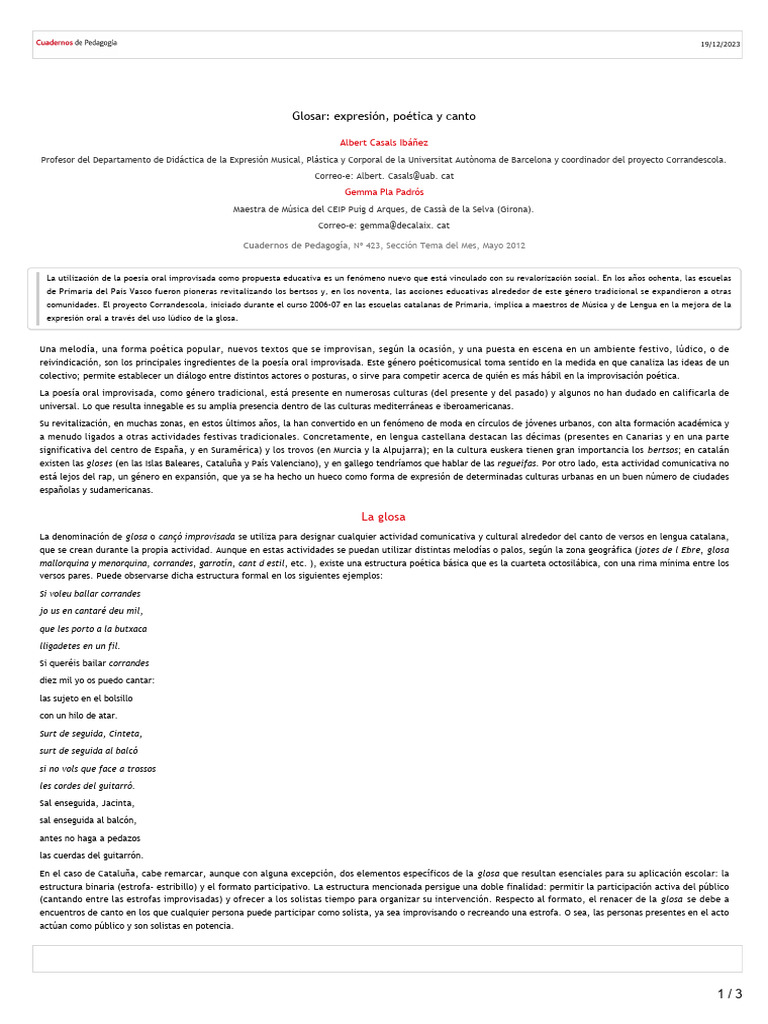 Glosar Expresión, Poética y Canto... | PDF | Educación primaria | Escuelas
