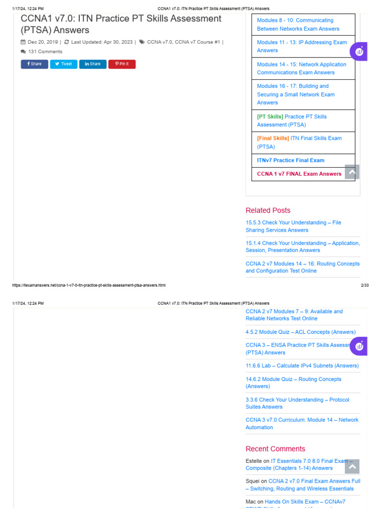 CCNA1 v7.0 - ITN Practice PT Skills Assessment (PTSA) Answers | PDF | I Pv6 | Ip Address
