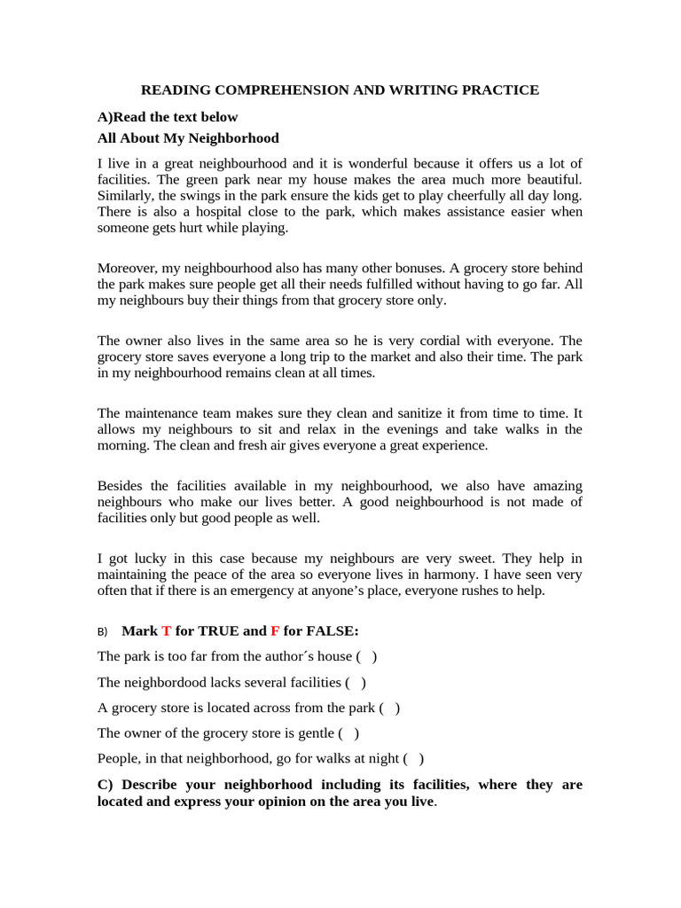 Reading Comprehension - NEIGHBORHOOD - There Ia - There Are ...