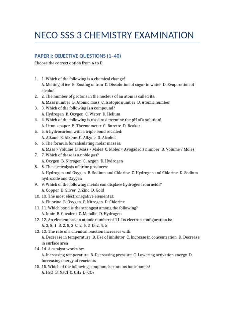 NECO SSS3 Chemistry Exam | PDF | Hydrogen | Catalysis
