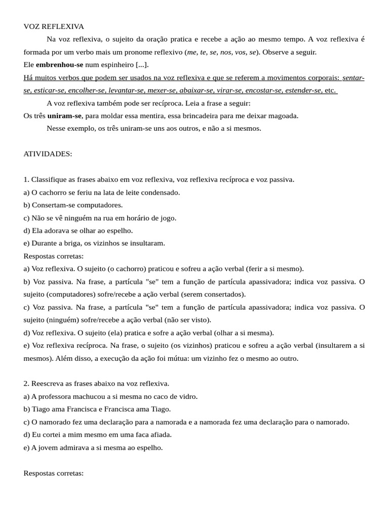 Exemplos de Voz Reflexiva e Atividades | PDF | Assunto (gramática ...