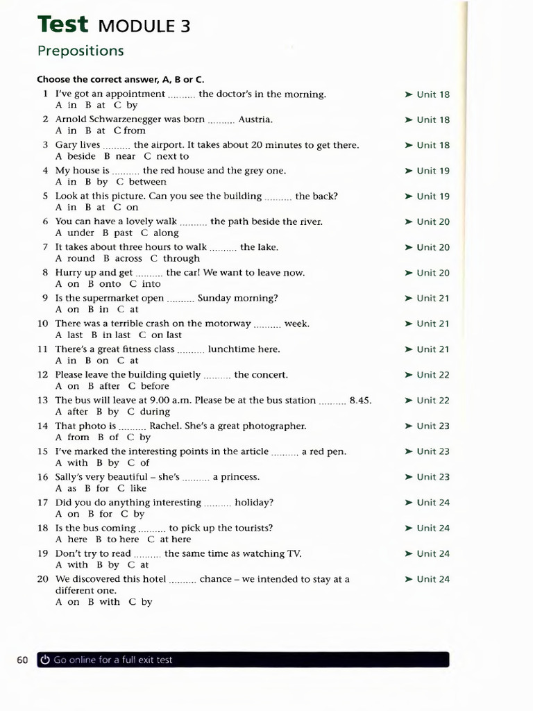 Prepositions Test Module 3 | PDF