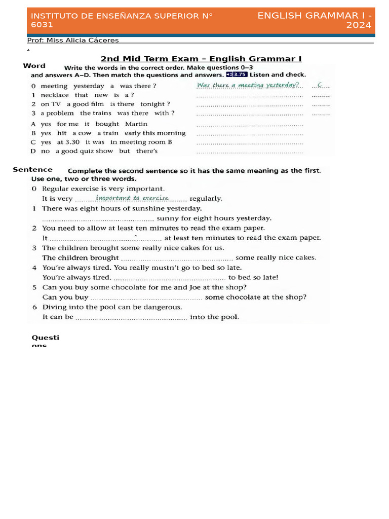 02nd Mid Term Exam - Parcial Grammar I | PDF