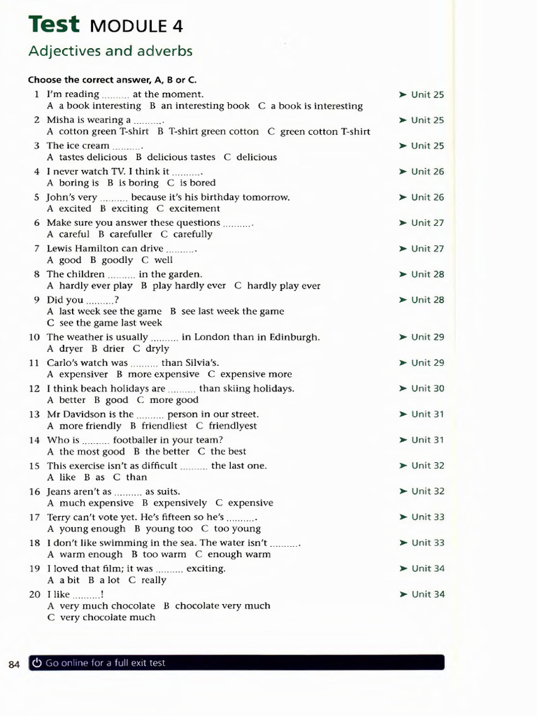 Adjectives and Adverbs Test Module | PDF