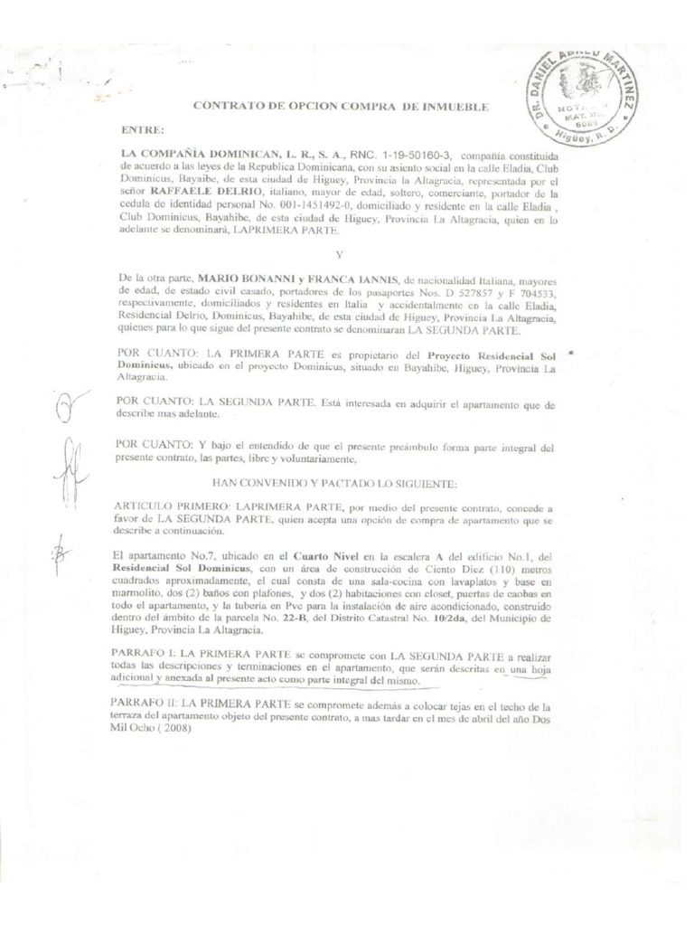 Contato de Opcion Compra de Inmueble, La Compañia Dominican, L.R., S.A ...