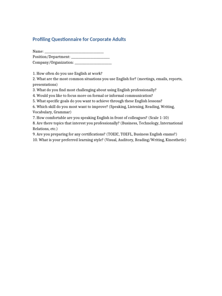 Profiling Questionnaire | PDF