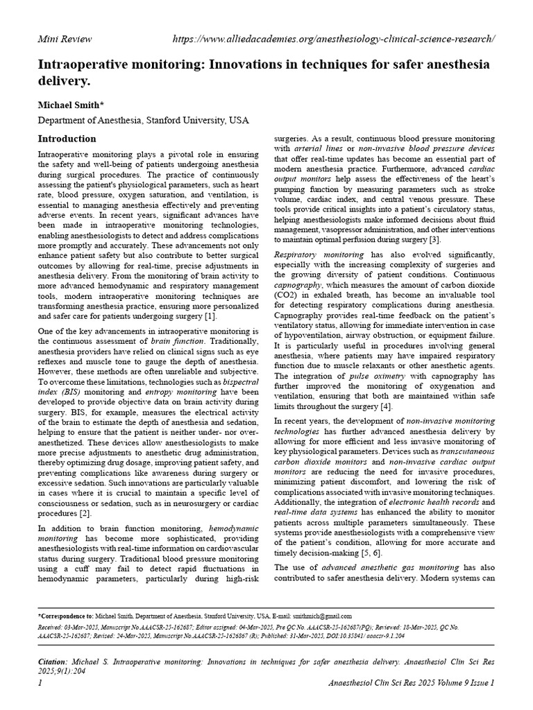 Intraoperative Monitoring Innovations in Techniques For Safer ...