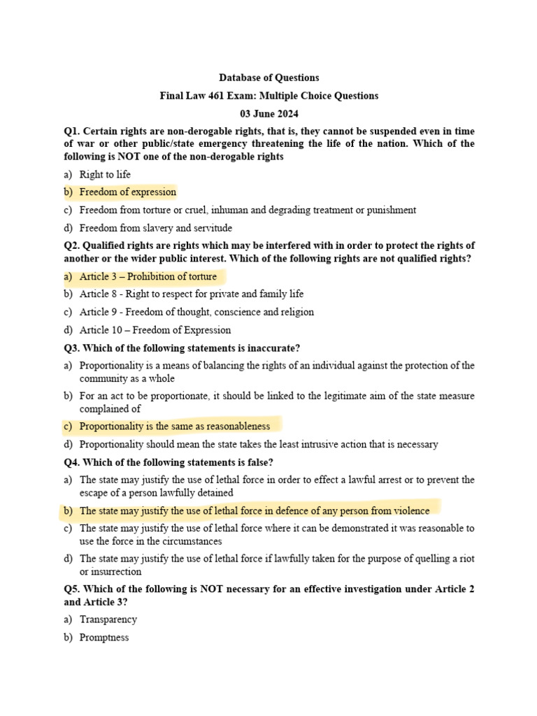 Law 461 Exam: Human Rights Questions | PDF | Human Rights | Rule Of Law