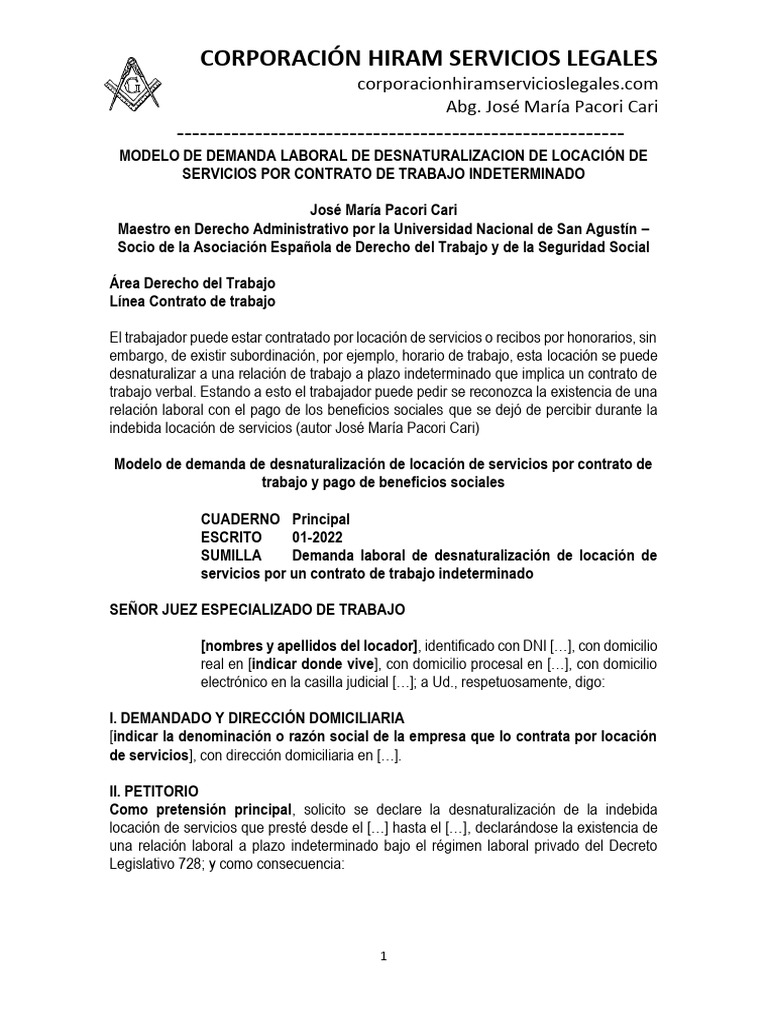 Modelo Demanda Laboral Desnaturalizacion de Locación de Servicios Por Un Contrato de Trabajo ...