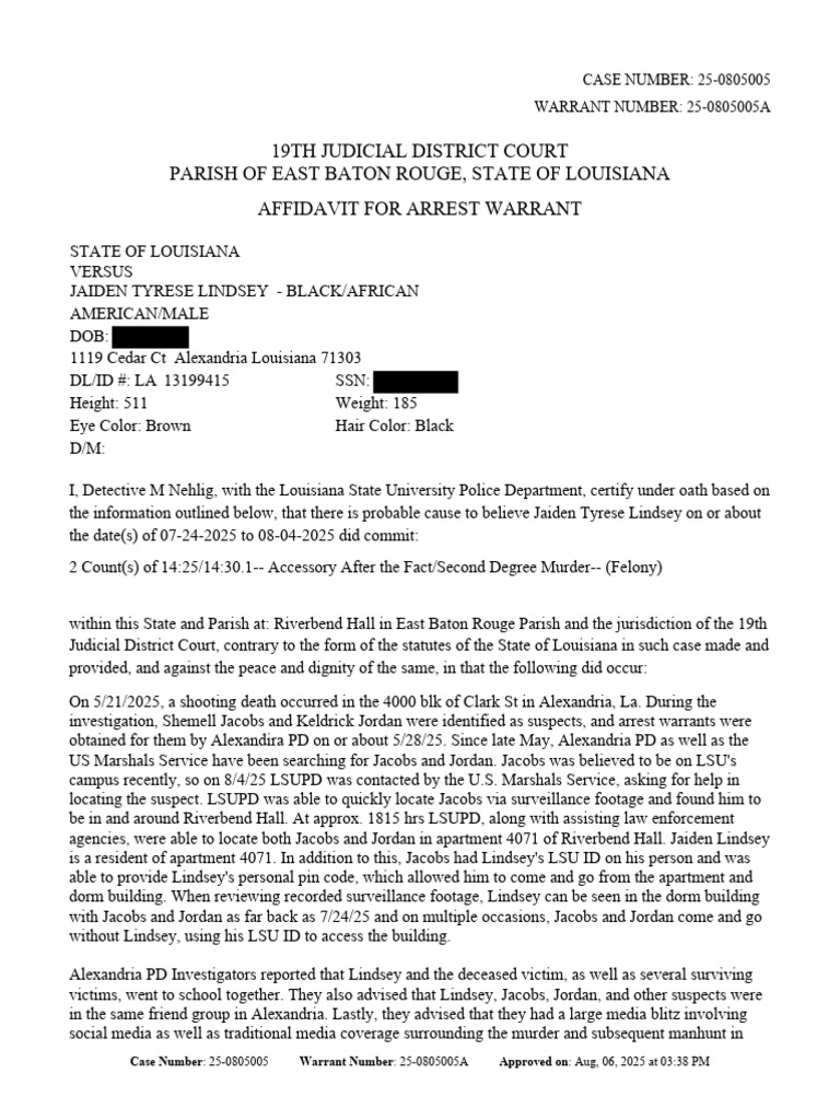 Jaiden Lindsey - Affidavit For Arrest Warrant | PDF | Misconduct | Public Law