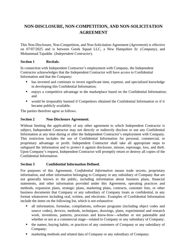 Non-Disclosure Agreement For IC - Greek Squad LLC | PDF | Discovery ...