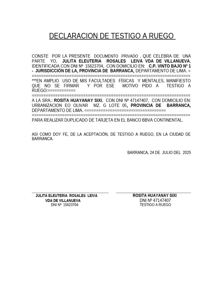 Declaración de Testigo a Ruego en Barranca | PDF