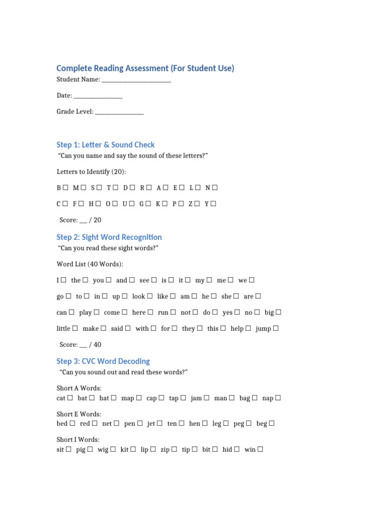 Reading Assessment Template | PDF | Learning