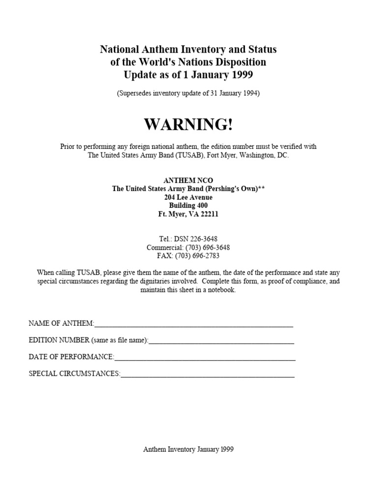 National Anthem Inventory Update 1999 | PDF