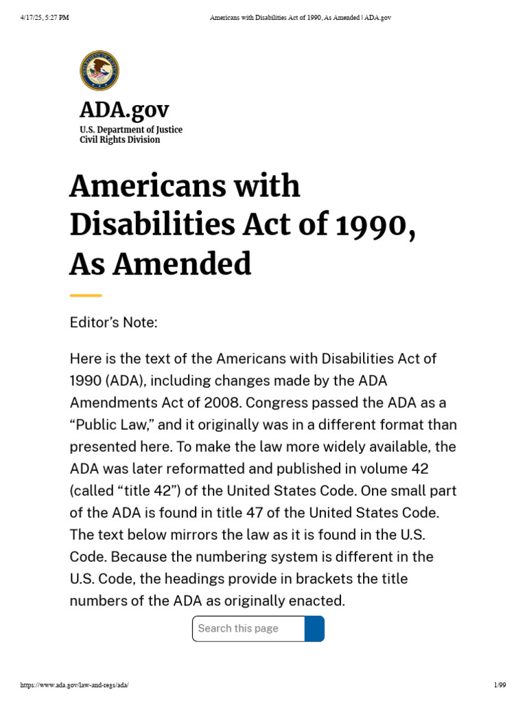 Americans With Disabilities Act of 1990, As Amended - ADA - Gov | PDF | Americans With ...