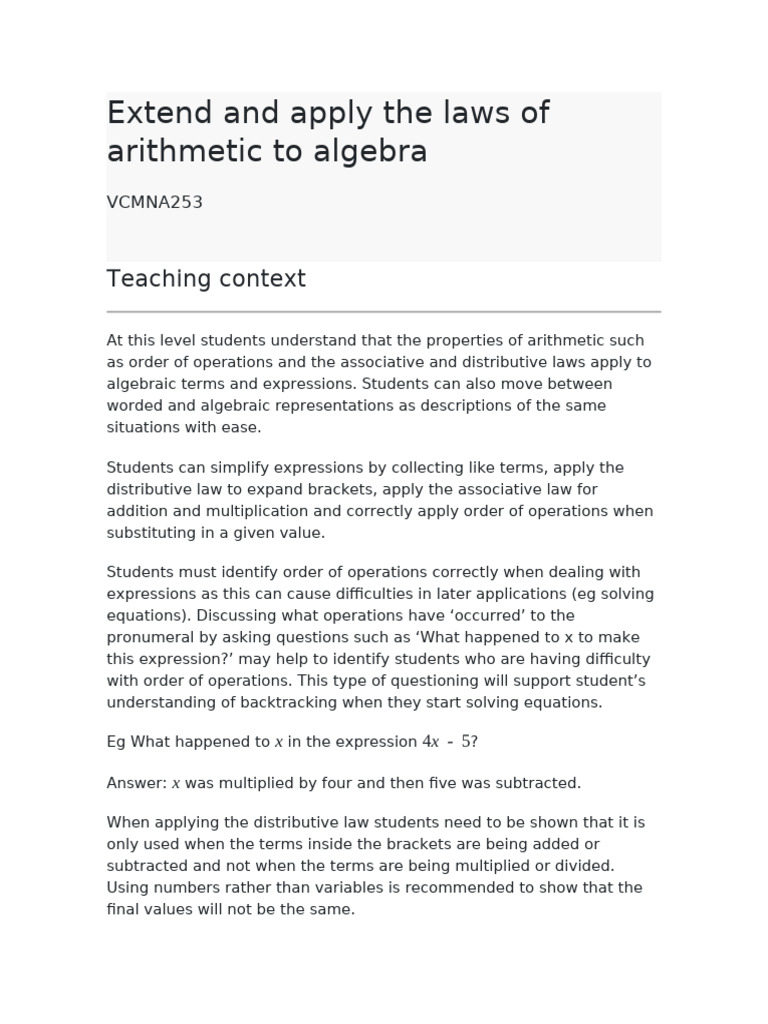 Extend and apply the laws of arithmetic to algebra | PDF | Algebra ...
