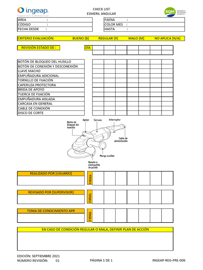 Reg-Pre-006 Checklist Esmeril Angular v01 | PDF