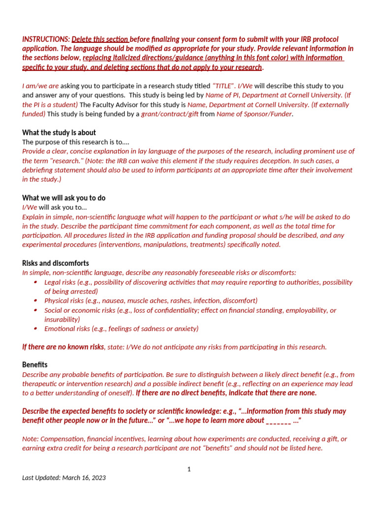 IRB consent template - social-behavioral | PDF | Institutional Review Board | Consent