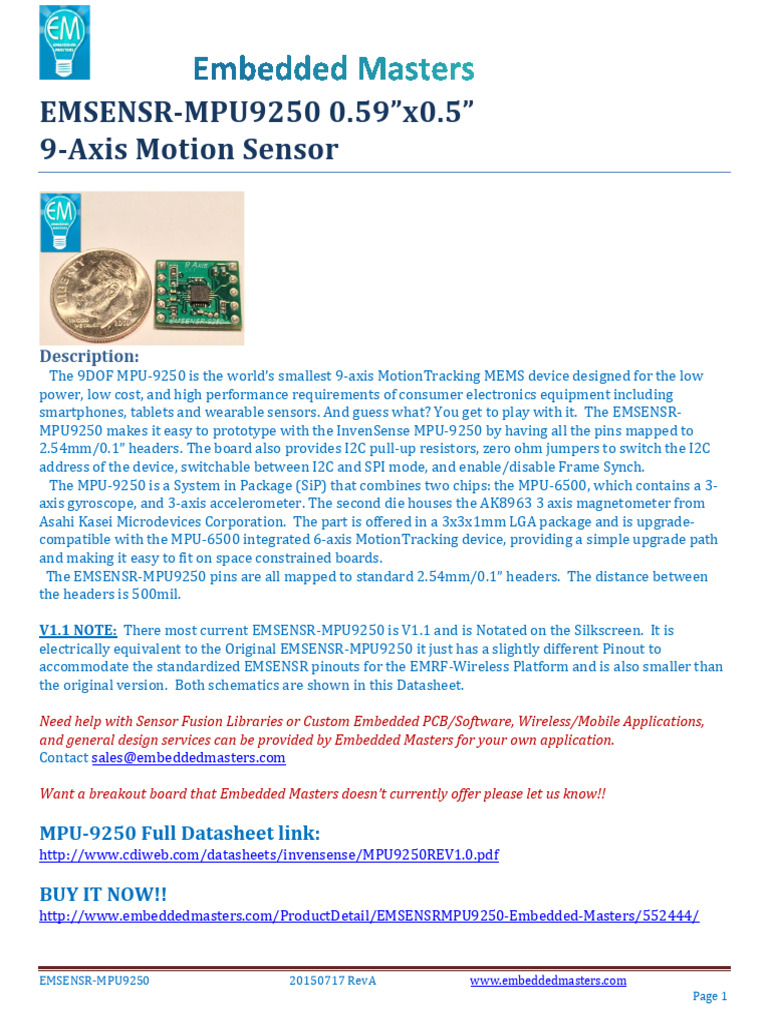 Embedded Masters MPU 9250 Breakout | PDF | Gyroscope | Accelerometer