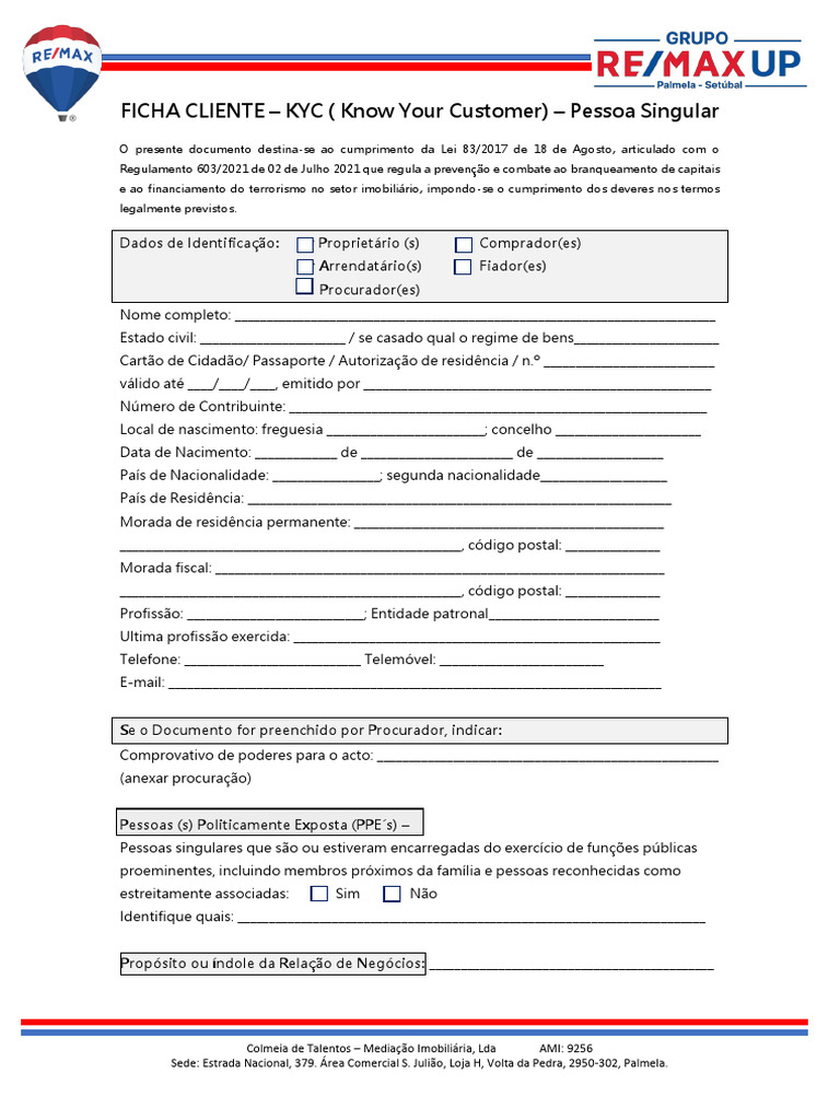 Ficha KYC para Mediação Imobiliária | PDF | Bancos | Cheque (banco)