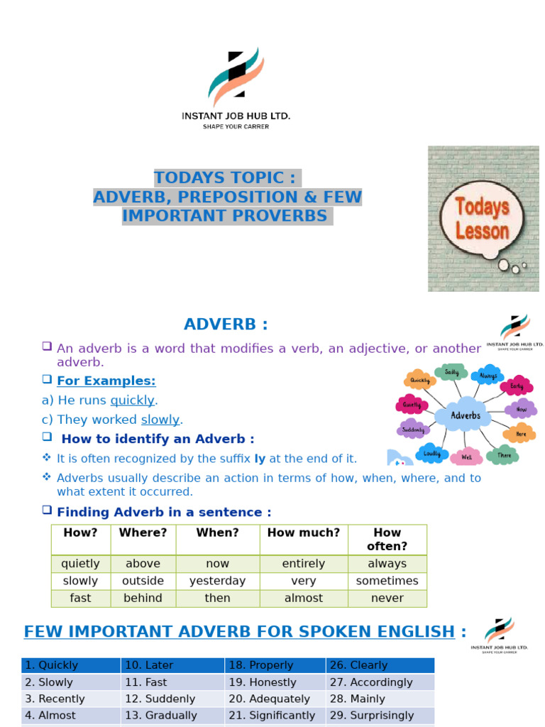 Adverbs, Prepositions, and Proverbs Guide | PDF | Adverb | Semantic Units