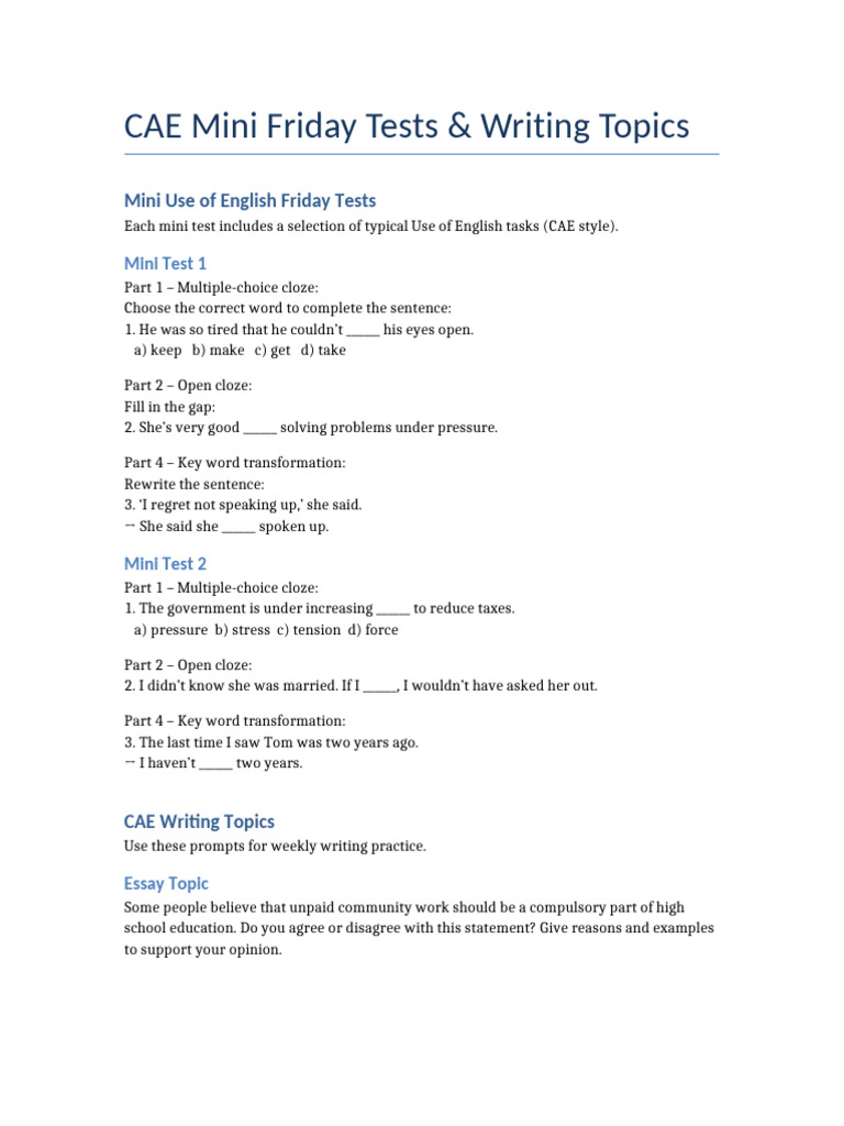 CAE Mini Tests and Writing Topics Valentina | PDF