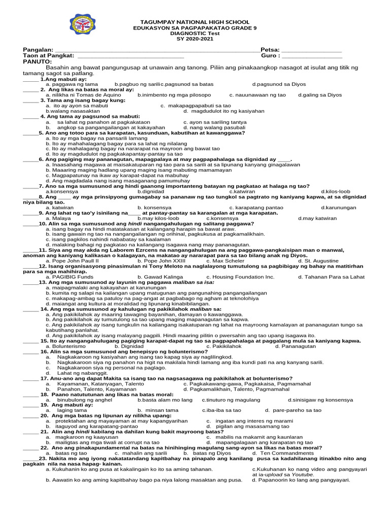 ESP9 Diagnostic-Test 2021 | PDF