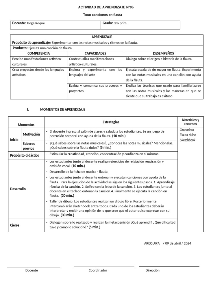 Actividad de Aprendizaje 05 - 3ro Prim. | PDF | Aprendizaje | Canciones