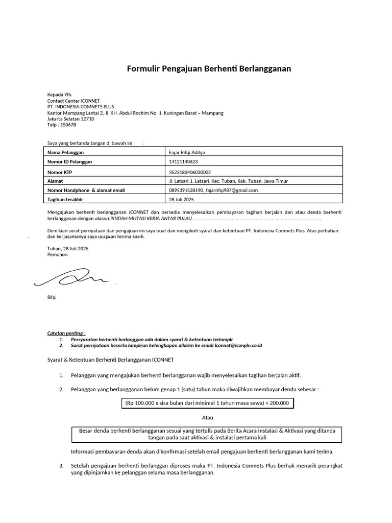 Formulir Pengajuan Berhenti Langganan ICONNET V01 Pada Sept 2021 (1) | PDF