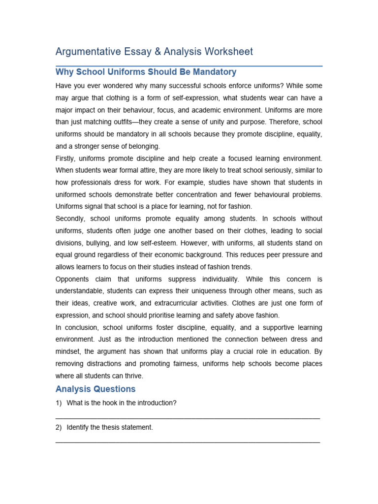 Structured Argumentative Essay Worksheet | PDF | Essays | Learning