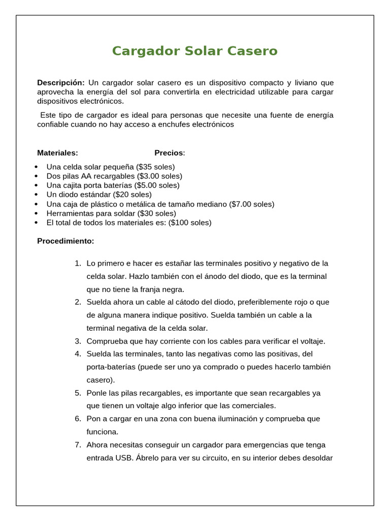 Cargador Solar Casero: Guía y Materiales | PDF