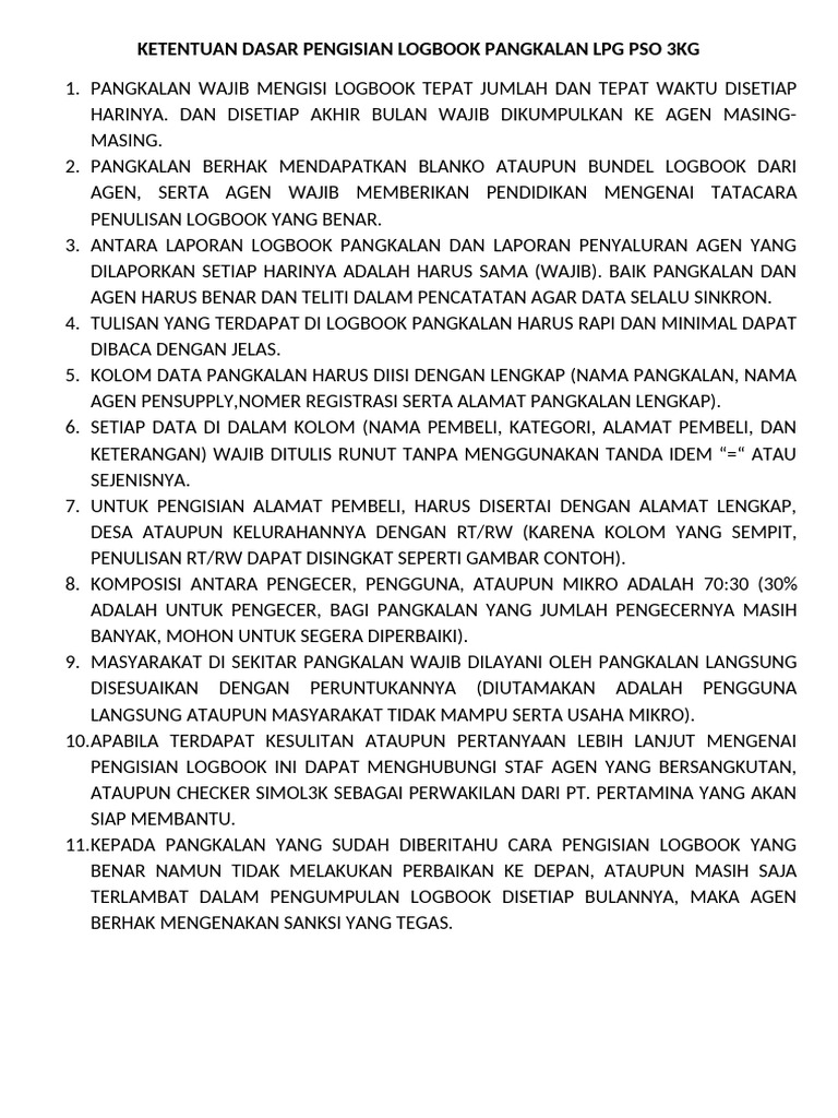 Ketentuan Dasar Pengisian Logbook Pangkalan LPG Pso 3kg | PDF