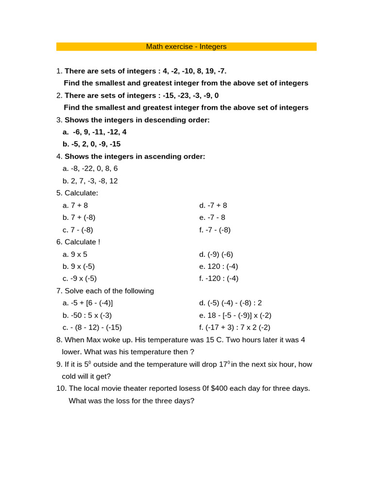 Integer Math Exercises and Calculations | PDF