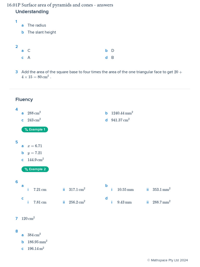 Surface Area of Pyramids and Cones Answers | PDF | Euclidean Geometry ...